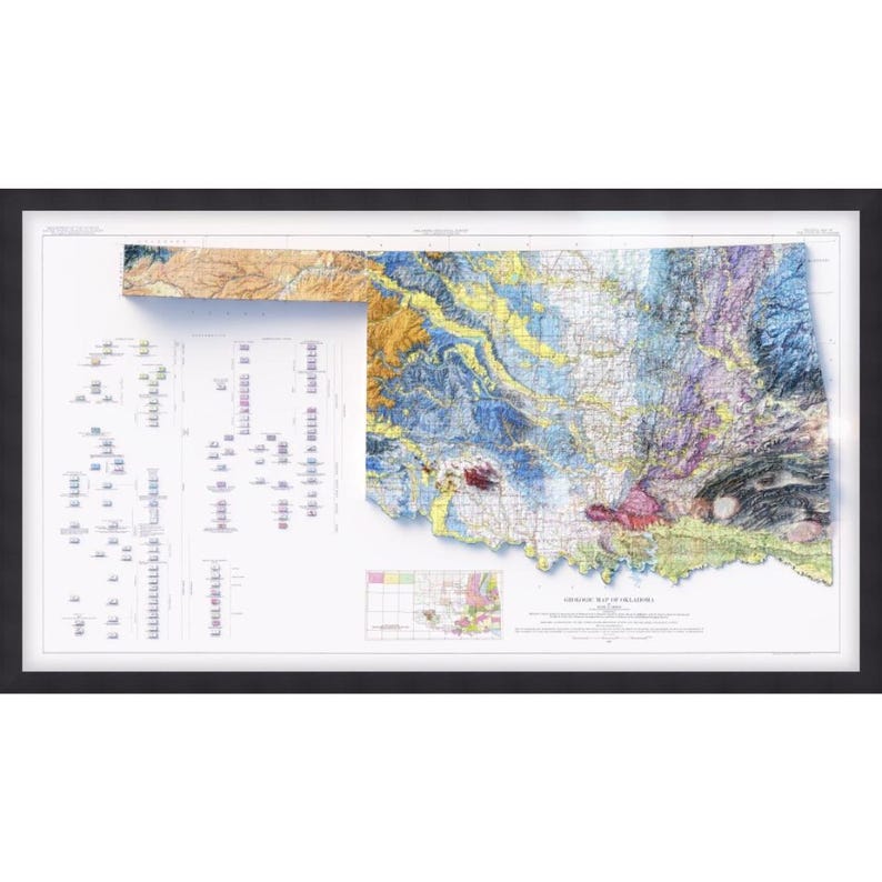 Oklahoma Geology Map – Topographic Relief Map Art, Vintage Cartography ...