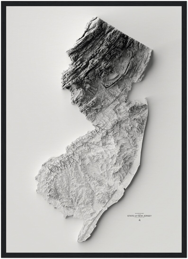 New Jersey Elevation Map - Minimalist Black and White Topographic Wall ...