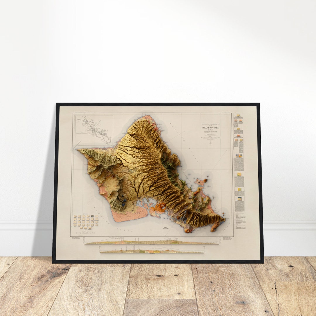 Oahu Hawaii Geology & Topographic Relief Map - Vintage Art, Unique ...