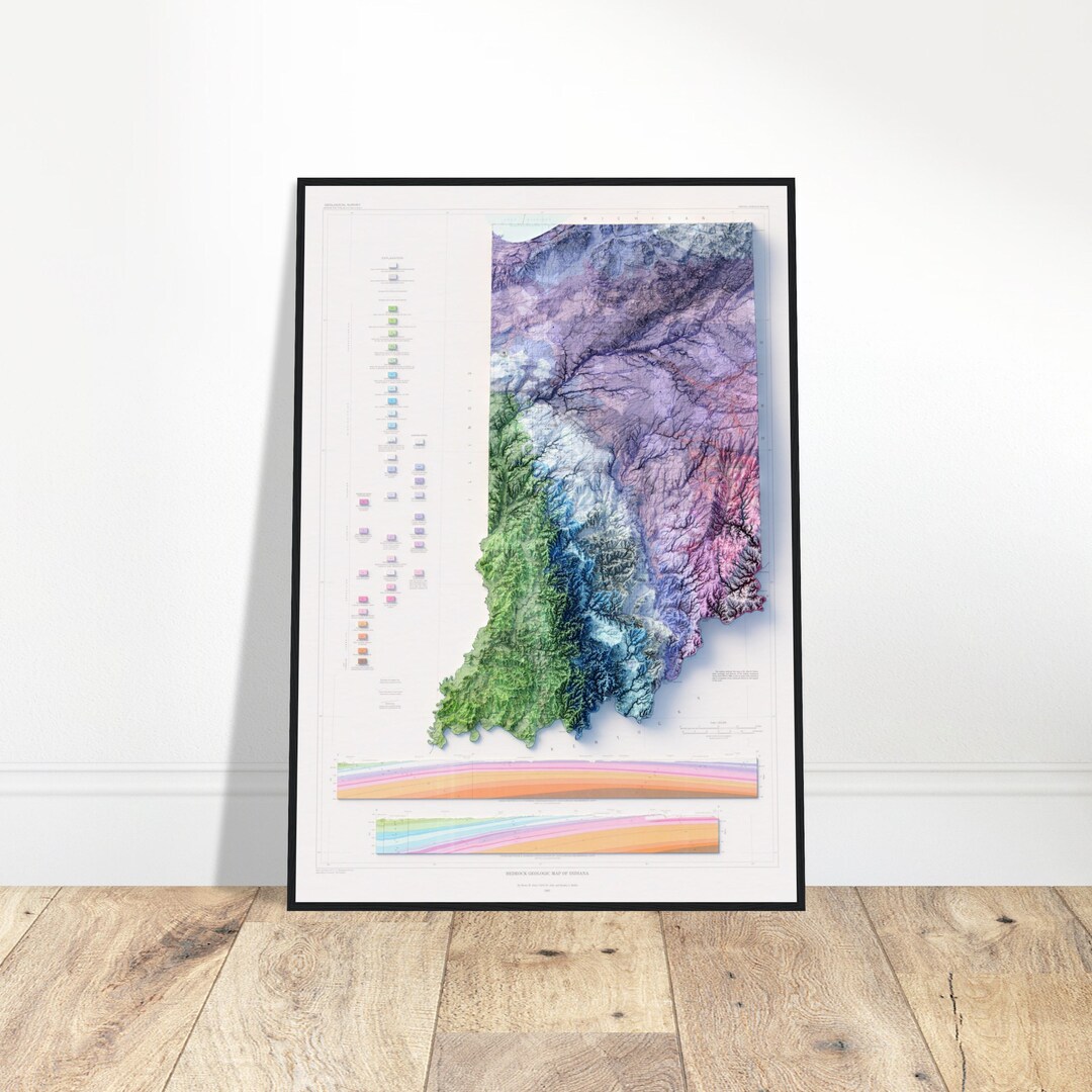 Indiana Geology Map – Topographic Relief Map Art, Vintage Cartography ...