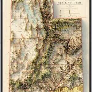 Utah Topography Map - Detailed Topographical Relief Print - Unique Wall ...