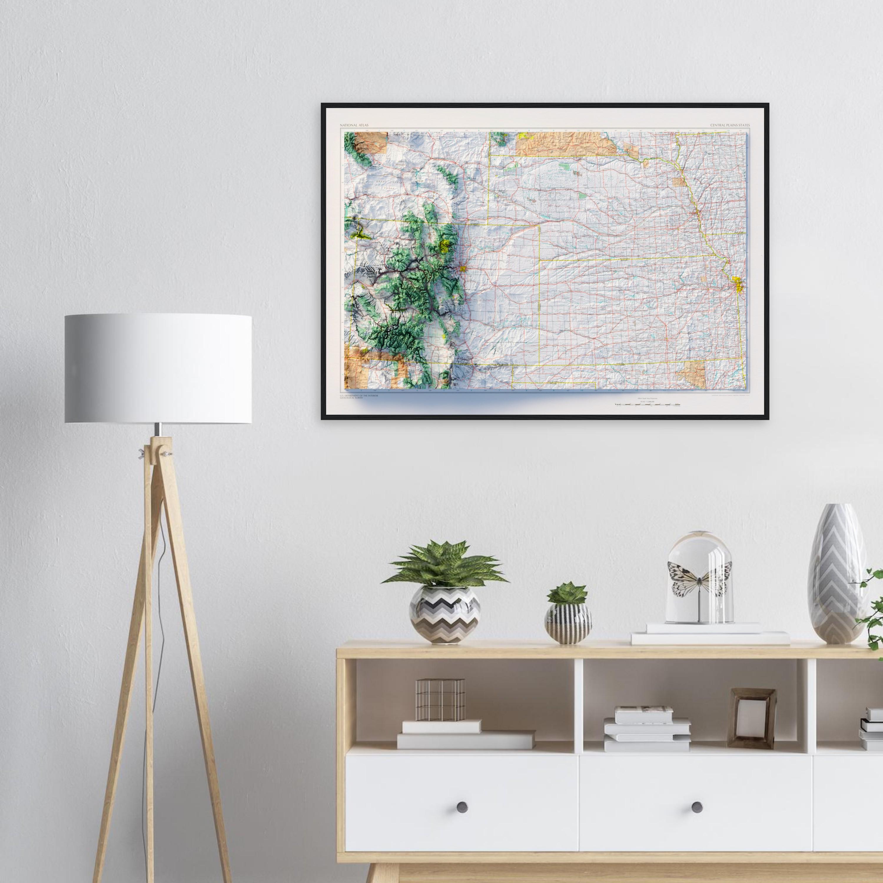 Central Plains States Map – Vintage Topographic Relief Print, Regional ...