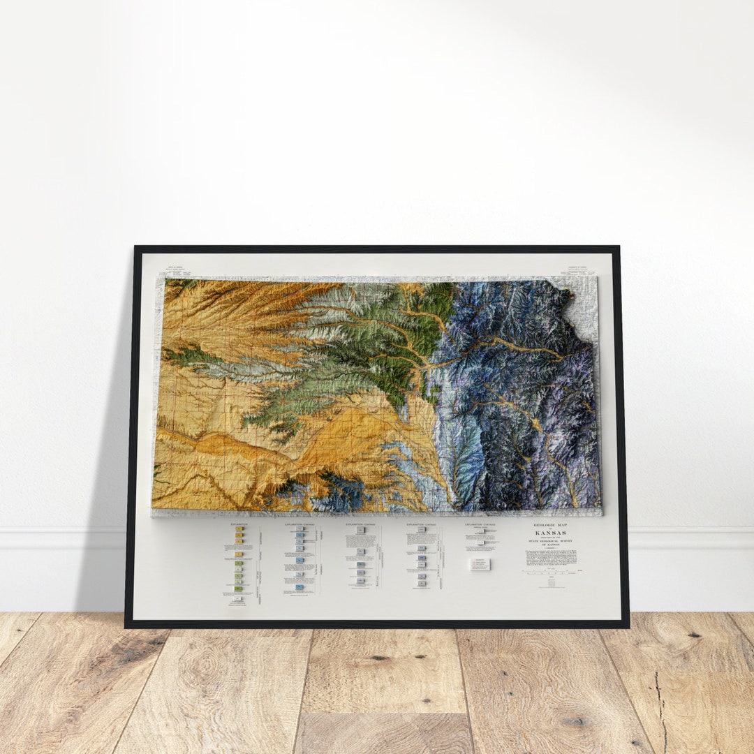 Kansas Geology Map, Wall Art Print, Topographic Relief, Geology Gift ...