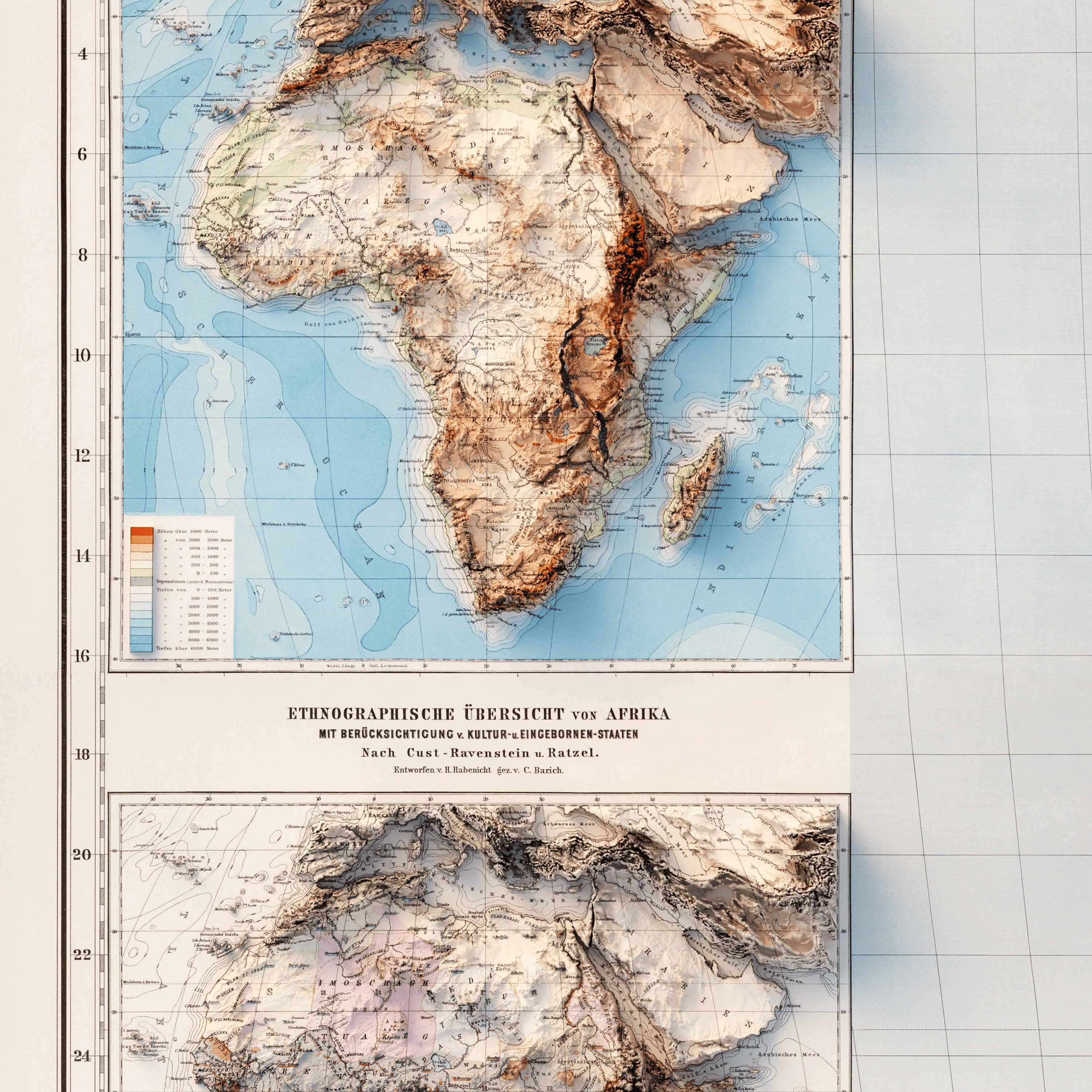 Africa Topography Map – Vintage Relief Map Wall Art, Detailed Geography ...