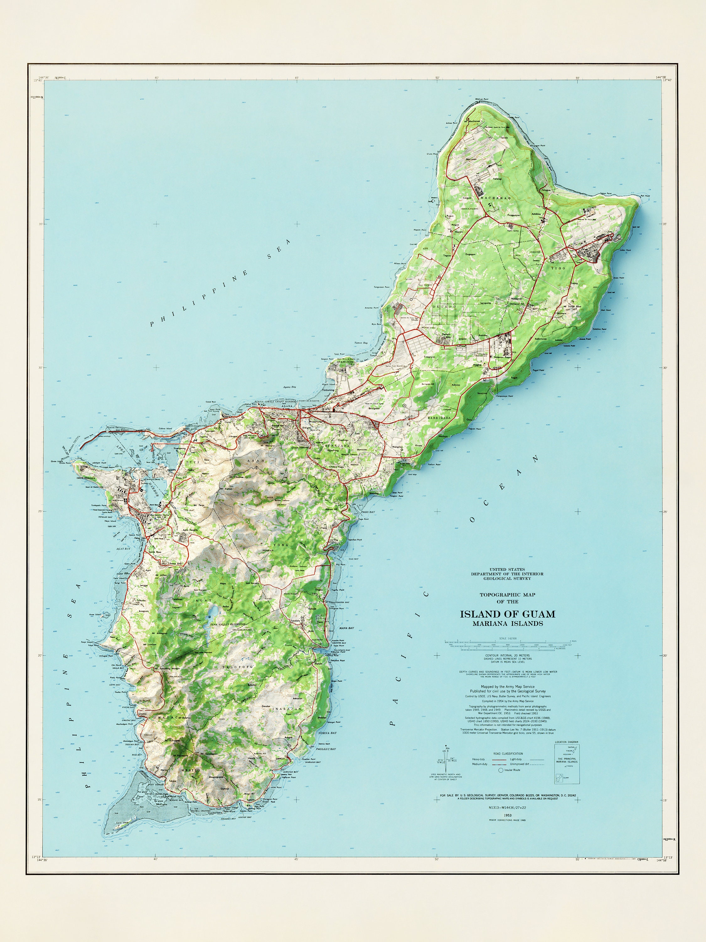 Guam Topography Map – Vintage Shaded Relief Print, Detailed Elevation ...