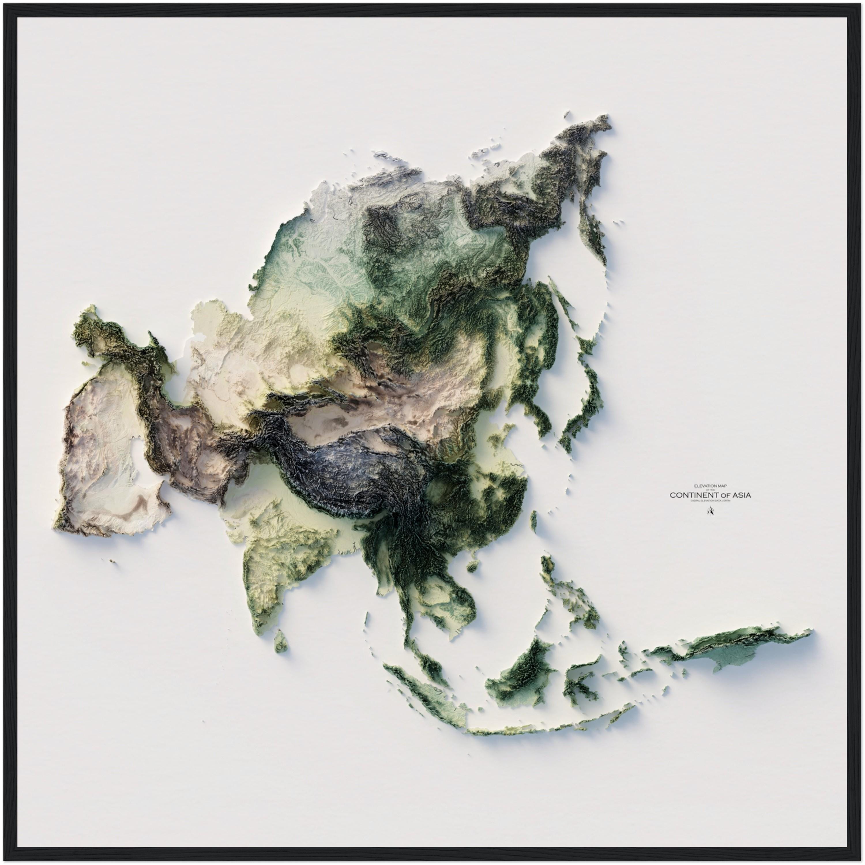 Elevation Map of Asia - Minimalist Topographic Wall Art, Modern ...