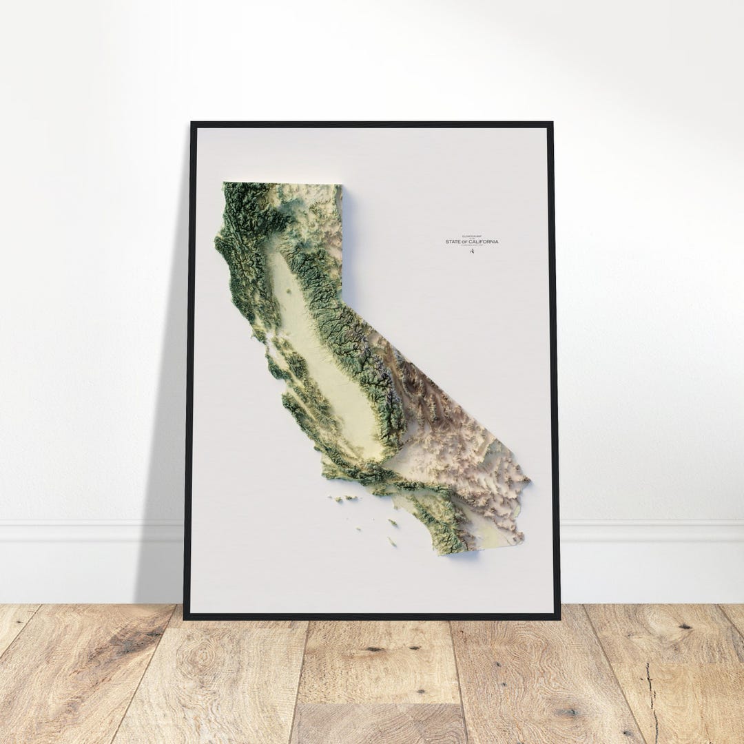 Elevation Map of California, Wall Art Topographic Print, Cartography ...