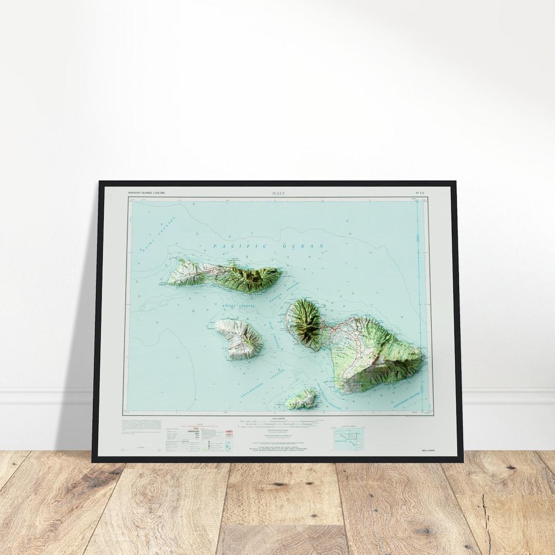 Maui Hawaii Map - Vintage Topographic Relief Print, Explorer's ...