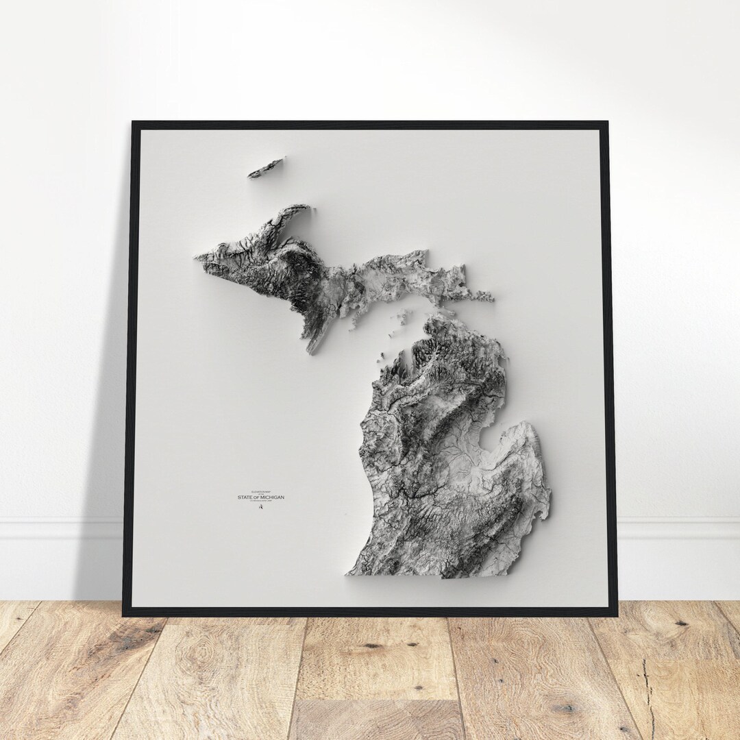 Michigan Elevation Map, Topographic Wall Art, Shaded Relief Map Print ...