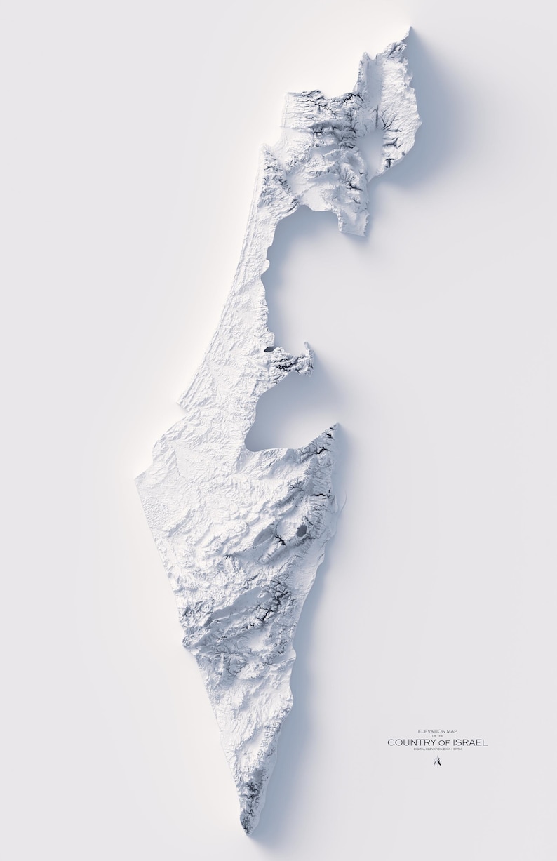 Israel Elevation Map – Minimalist Black and White Topographic Wall Art ...