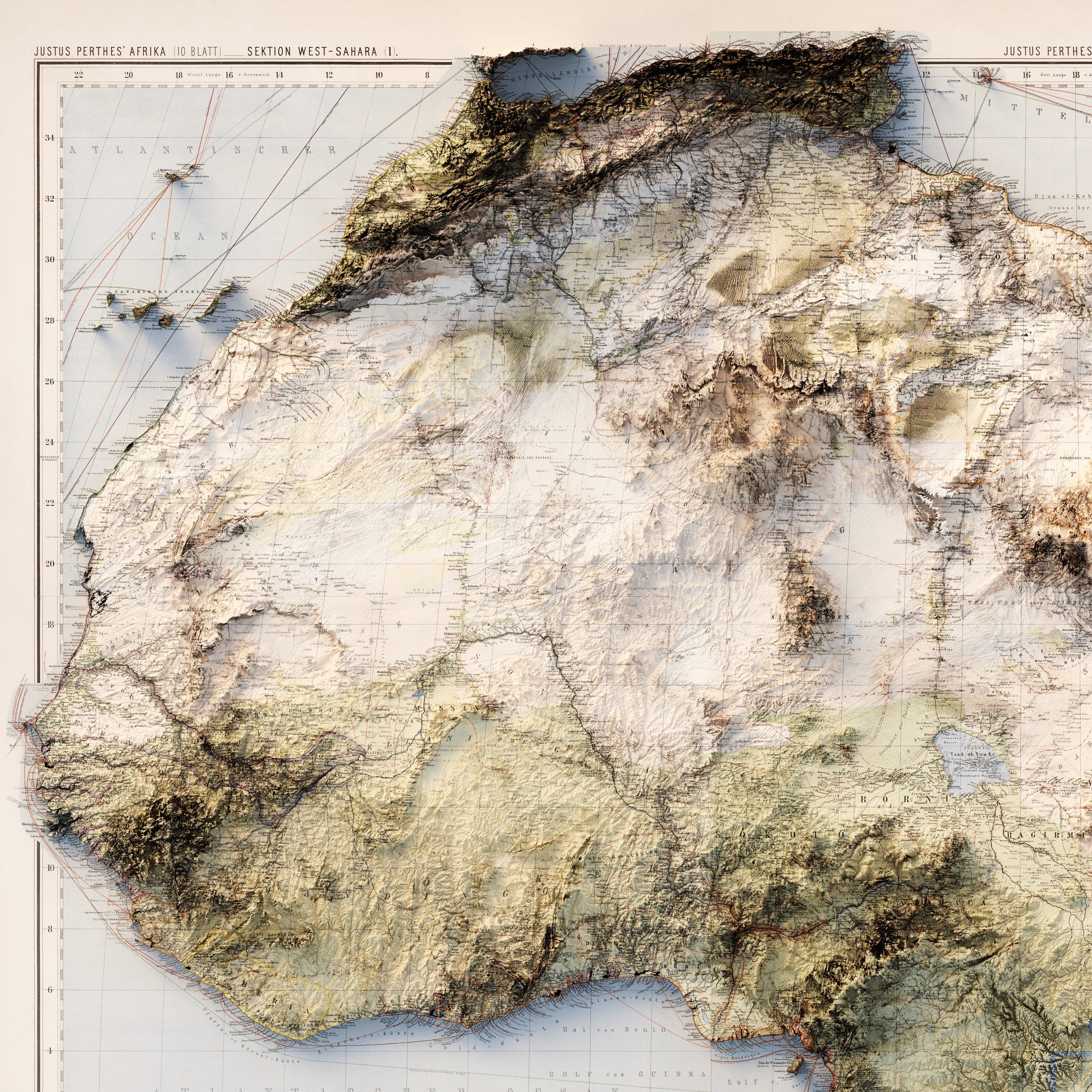 Africa Topography Map – Vintage Relief Map Wall Art, Detailed Geography ...