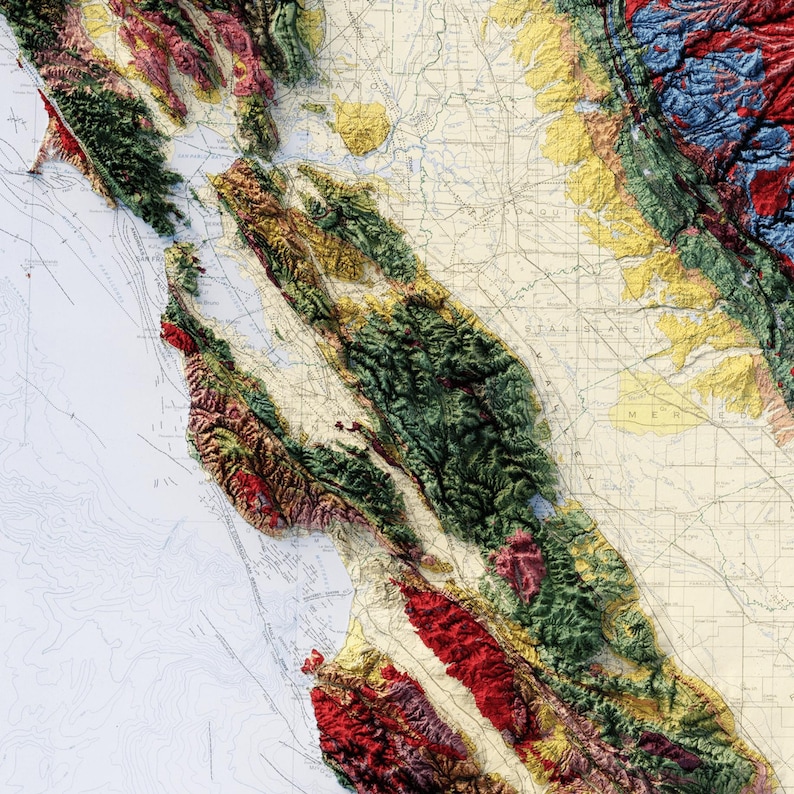 Map of California Geology, Topographic Relief Topo Map Print, Vintage ...
