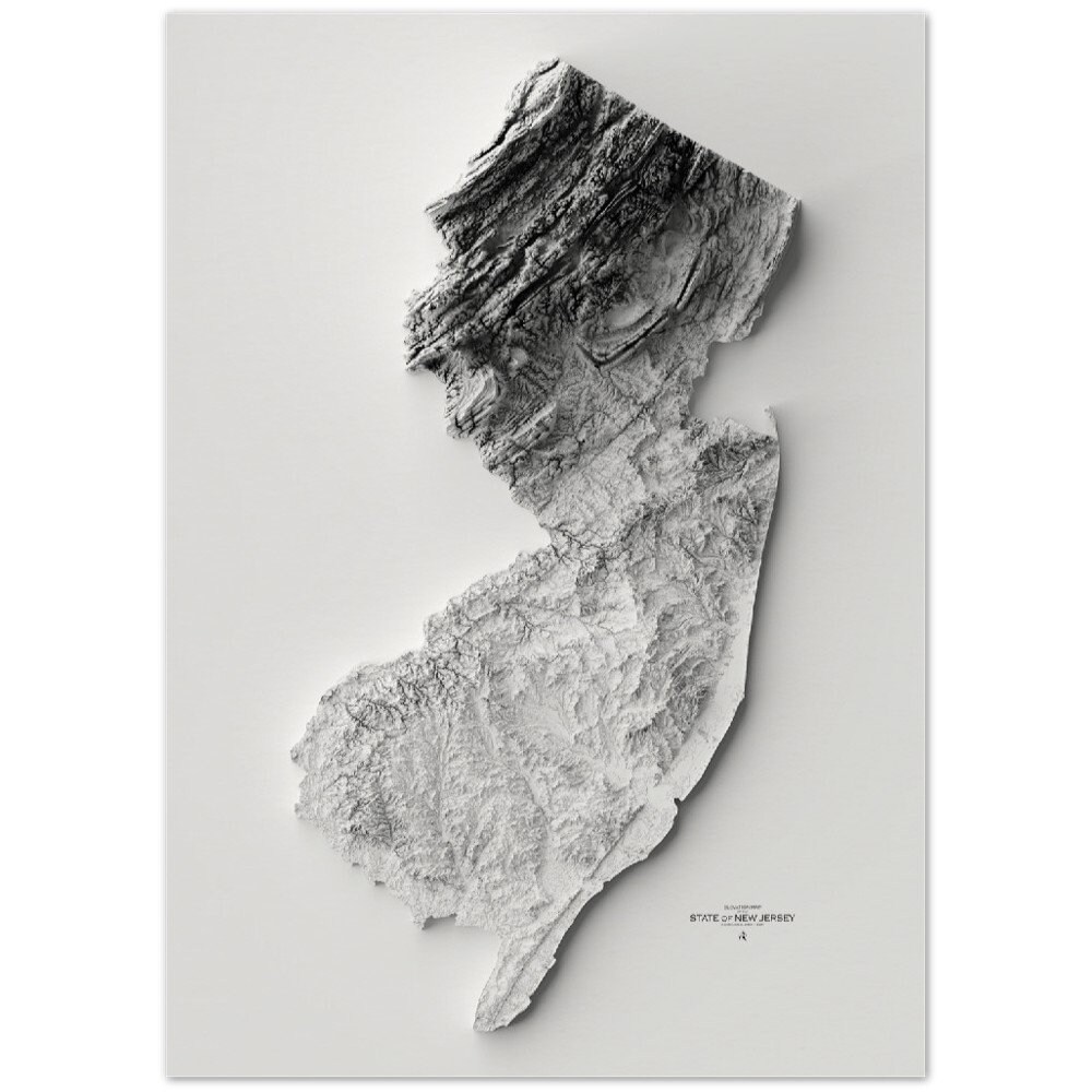 New Jersey Elevation Map - Minimalist Black and White Topographic Wall ...