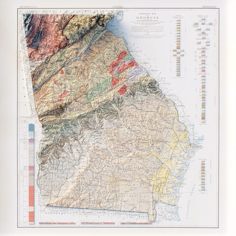 Georgia Geology Map – Topographic Relief Map Art, Vintage Cartography ...