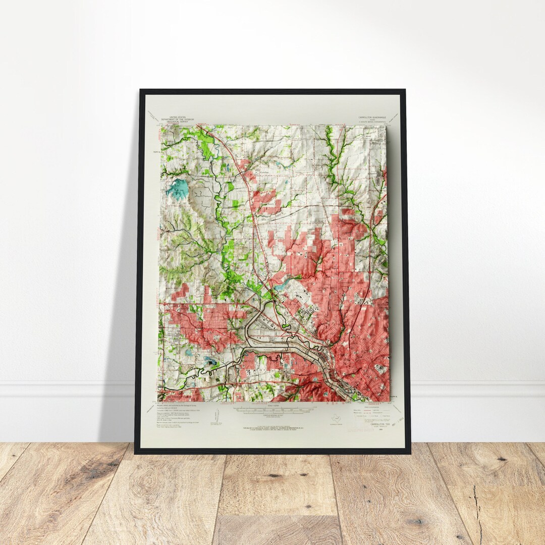 Dallas / Fort Worth Texas Map - Shaded Relief, Vintage Style Wall Art ...
