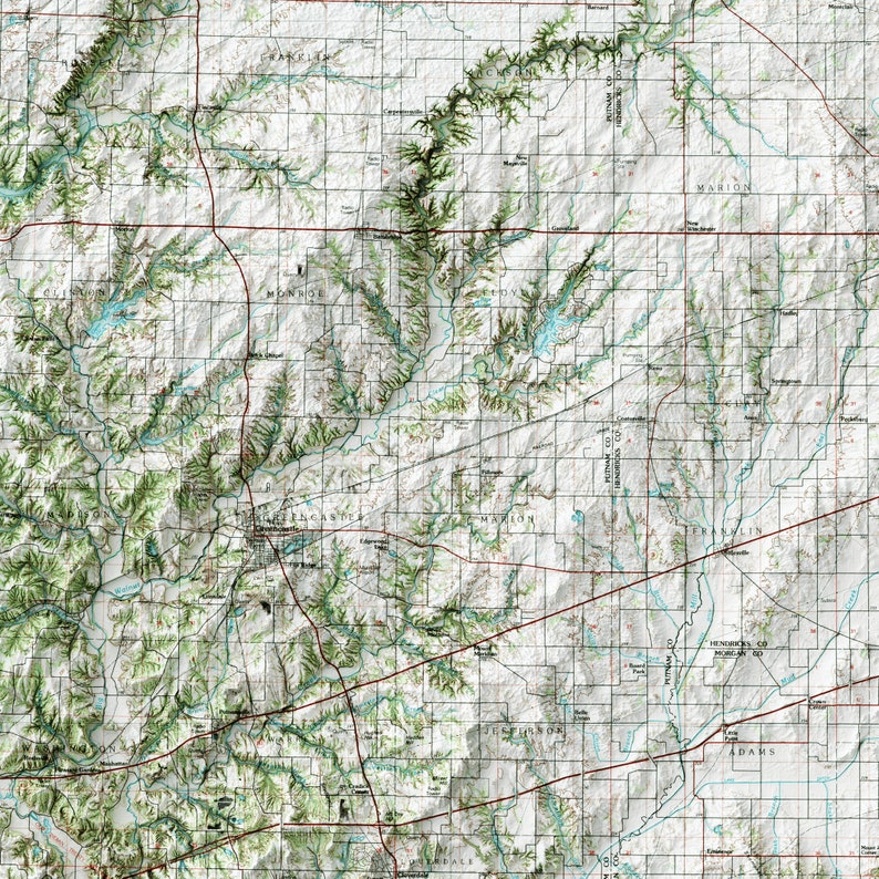 Indianapolis Indiana Map – Vintage Topographic Relief Print, Elevation ...