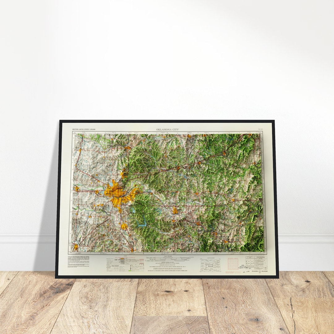 Oklahoma City Map - Vintage Relief Print, Shaded Detail Unique Gift ...