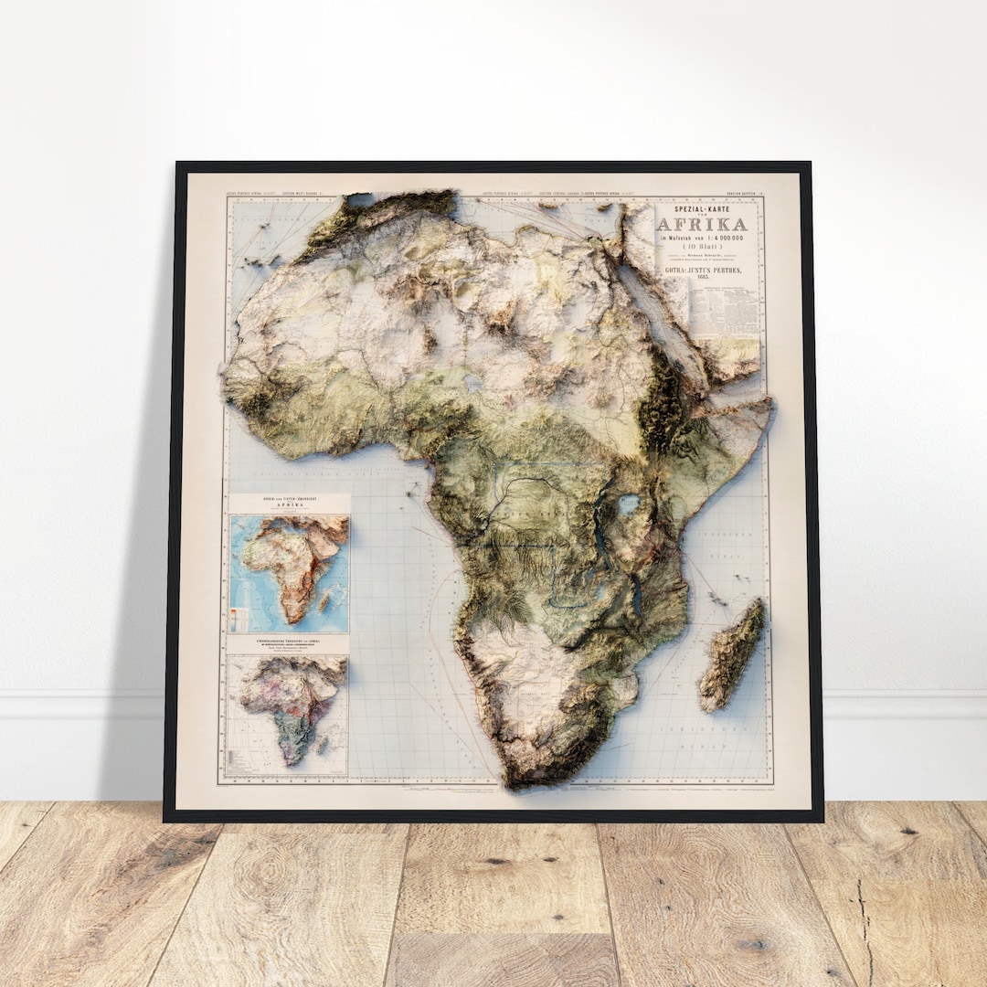 Africa Topography Map – Vintage Relief Map Wall Art, Detailed Geography ...