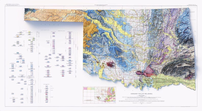 Oklahoma Geology Map – Topographic Relief Map Art, Vintage Cartography ...