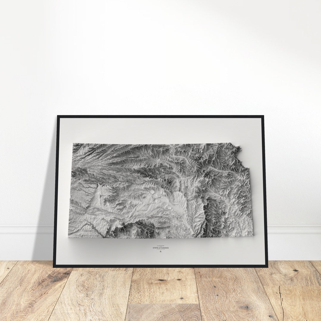 Kansas Elevation Map, Wall Art Topographic Print, Cartography Art ...