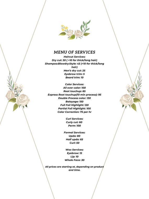 Custom Printable Menus and Announcements for Hairstylists - Etsy