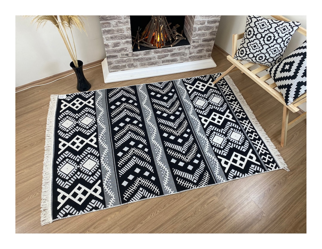 Black and White Area Rug, Living Room Rug, Washable Rug, Geometric ...