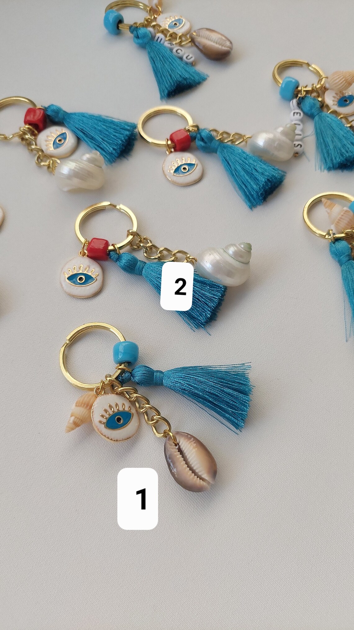 Personalized Blue Evil Eye and Sea Shell Keychain, Lucky Protection ...