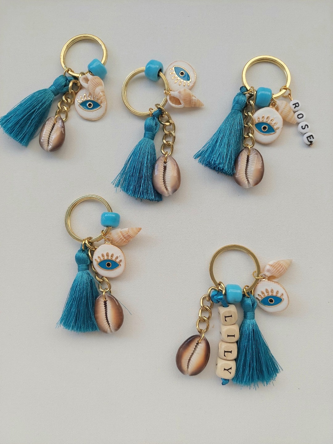 Personalized Blue Evil Eye and Sea Shell Keychain, Lucky Protection ...