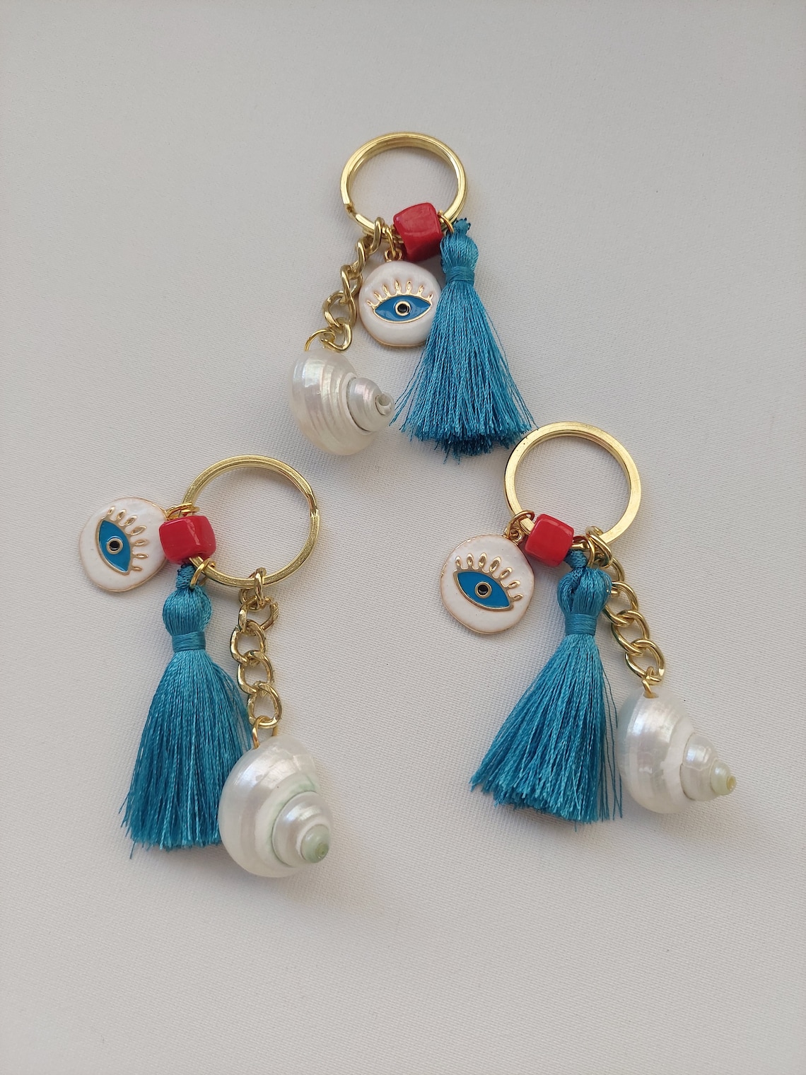 Personalized Blue Evil Eye and Sea Shell Keychain, Lucky Protection ...
