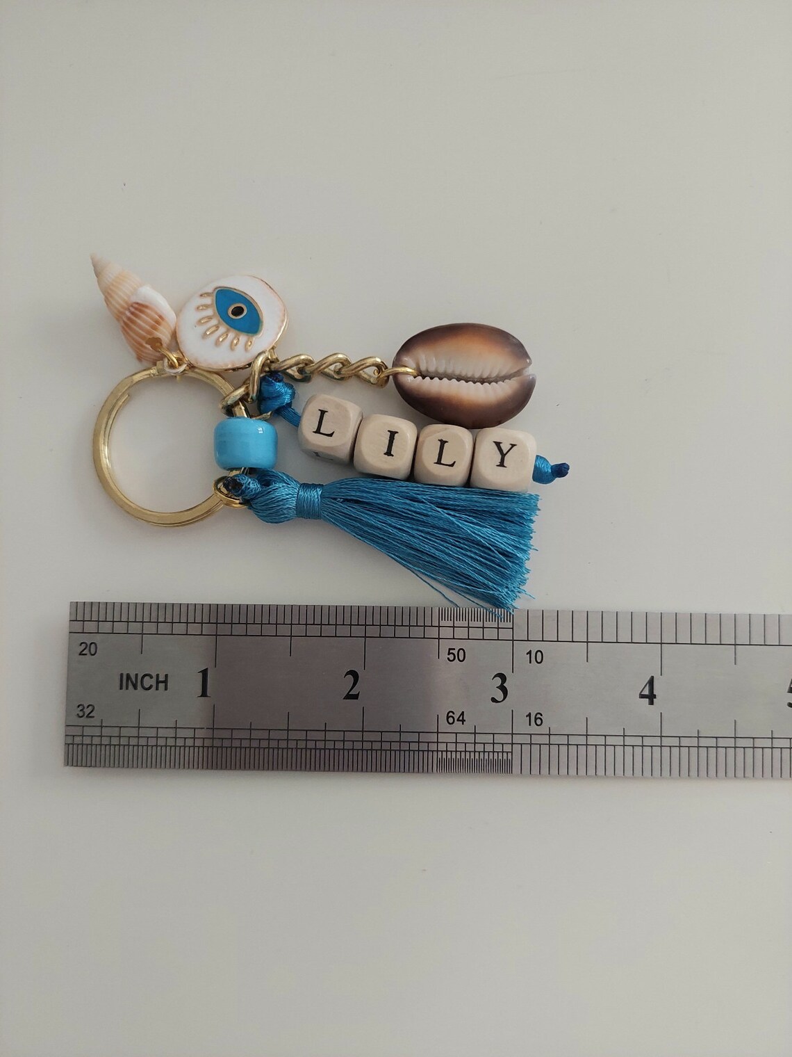 Personalized Blue Evil Eye and Sea Shell Keychain, Lucky Protection ...