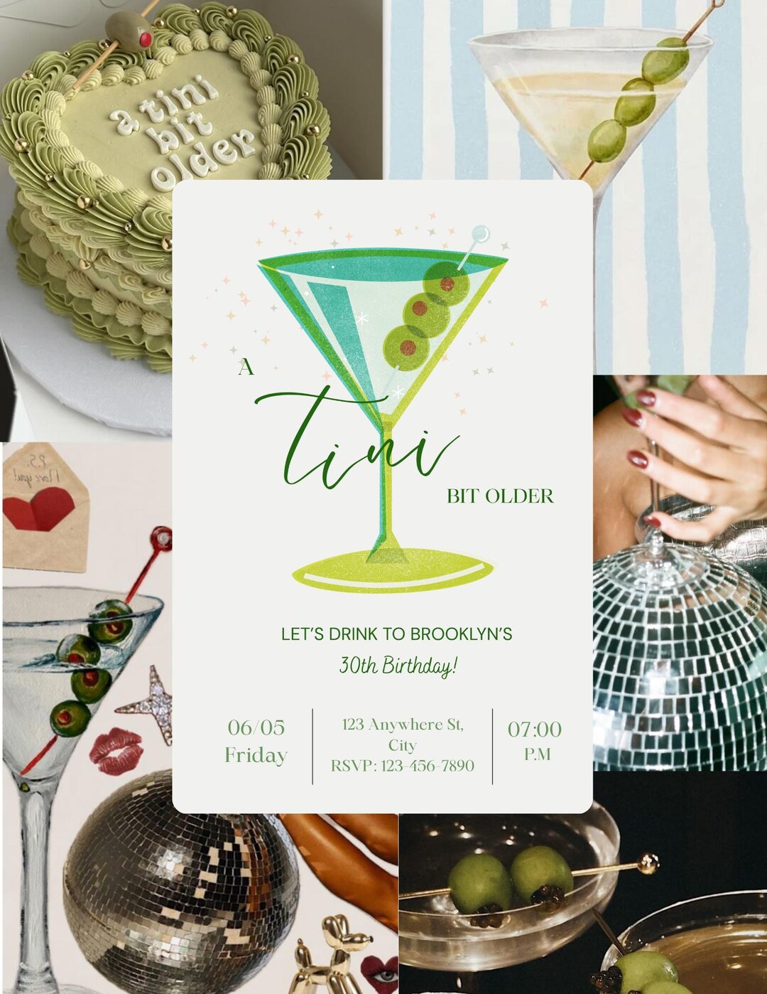 Martini Birthday Invitation: Editable Olive Green Cocktail Party (PDF ...