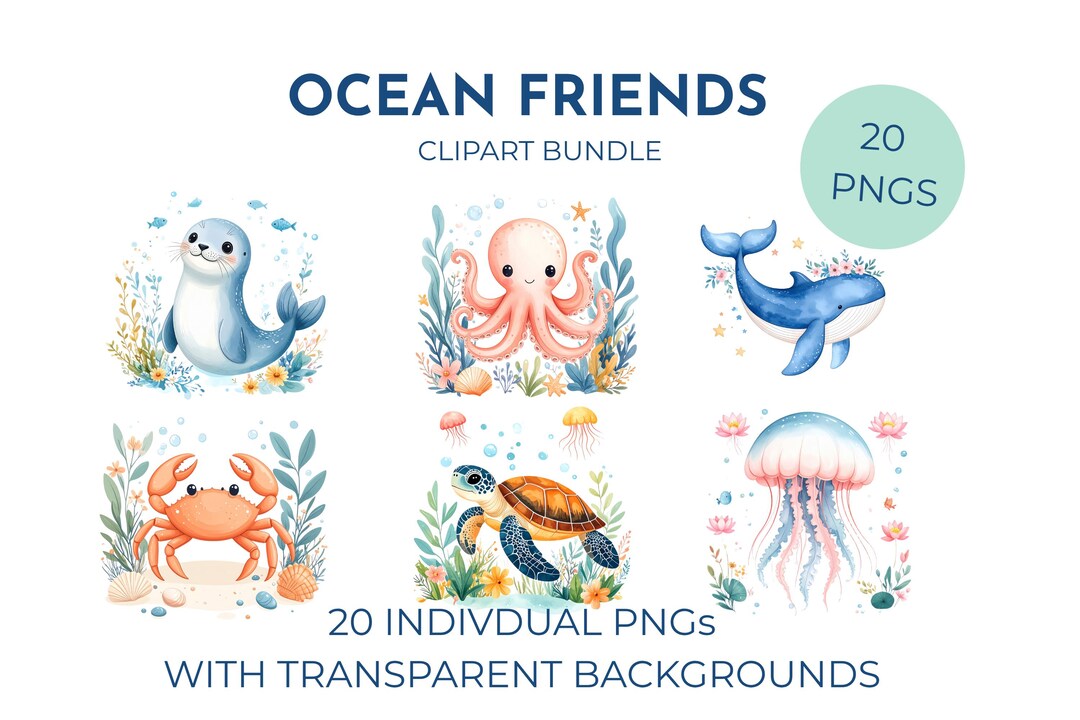 Ocean Animal Clipart Bundle – Watercolor Sea Life Pngs (digital ...