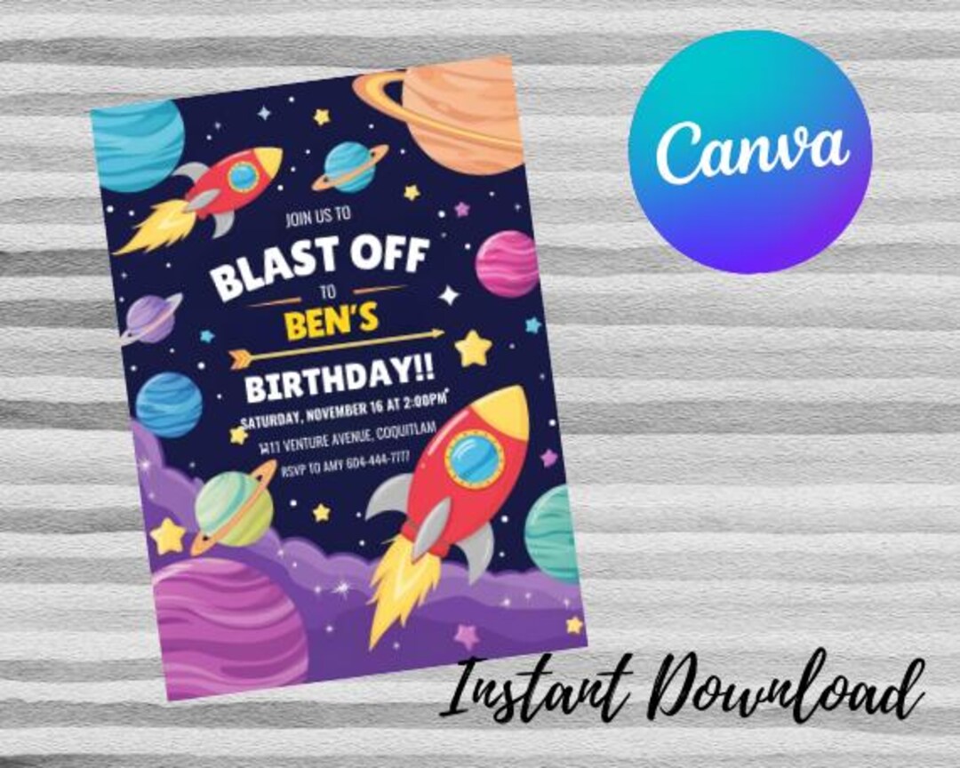 Editable Kids Blast off Space Birthday Invitation, Rocket Ship Theme ...