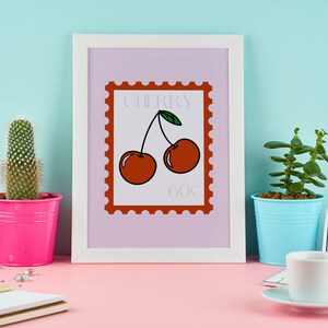 Cherry Stamp Print, Cute Postage Stamp Art Print, Fruit Wall Art ...