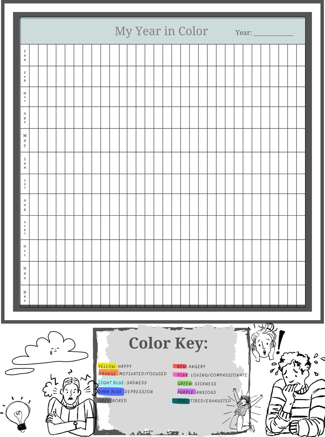 Digital Mood Tracker, My Year in Color, Digital Download, Coloring Page ...