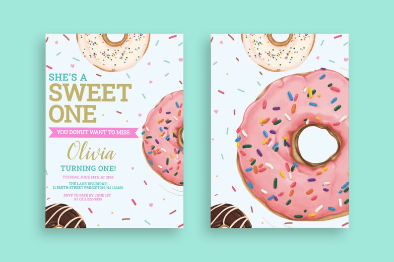 Sweet One Donut Birthday Invitation Template, Editable Invitation ...