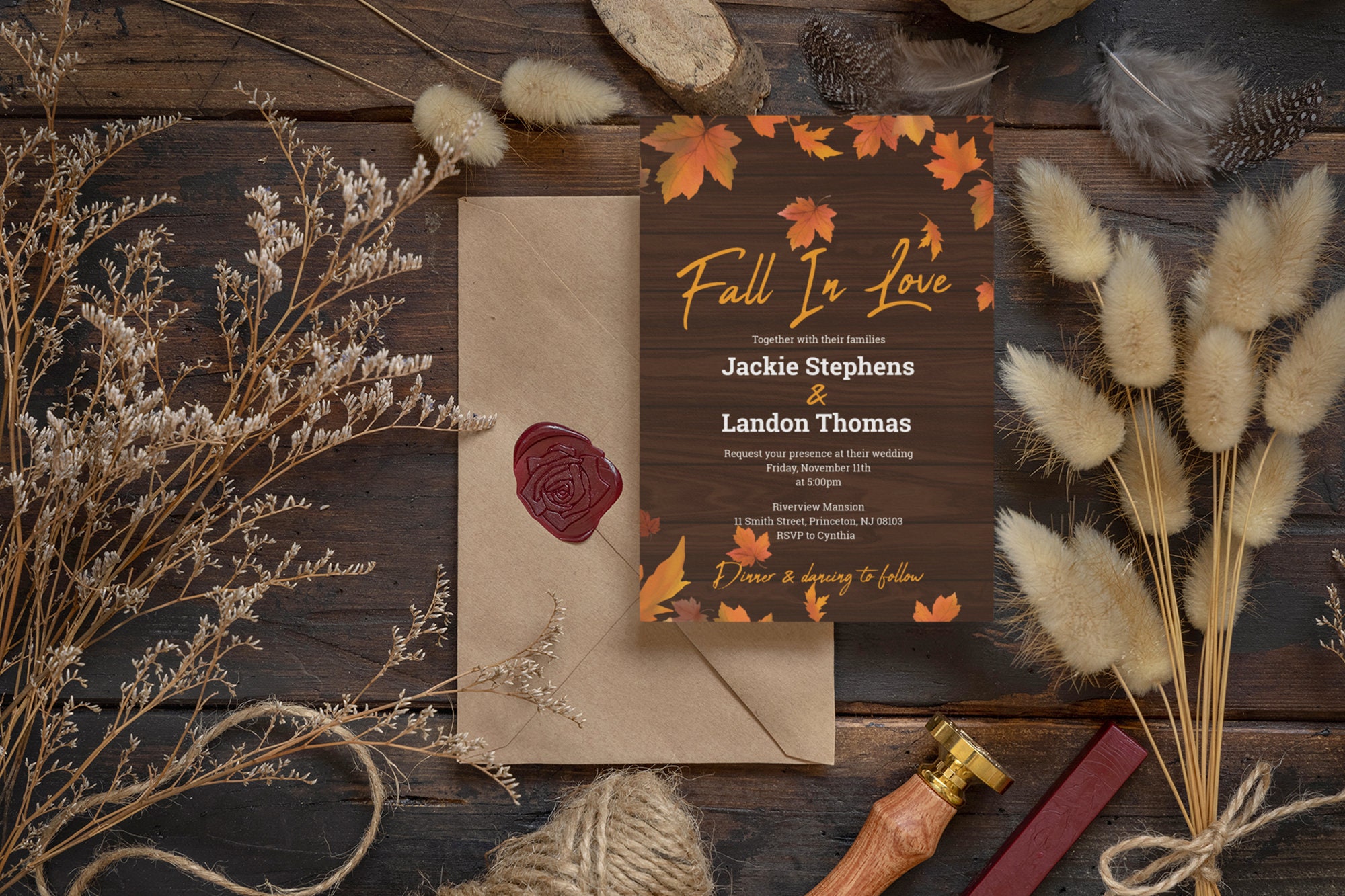 Fall in Love Wedding Invitation Template, Printable Rustic Leaves ...