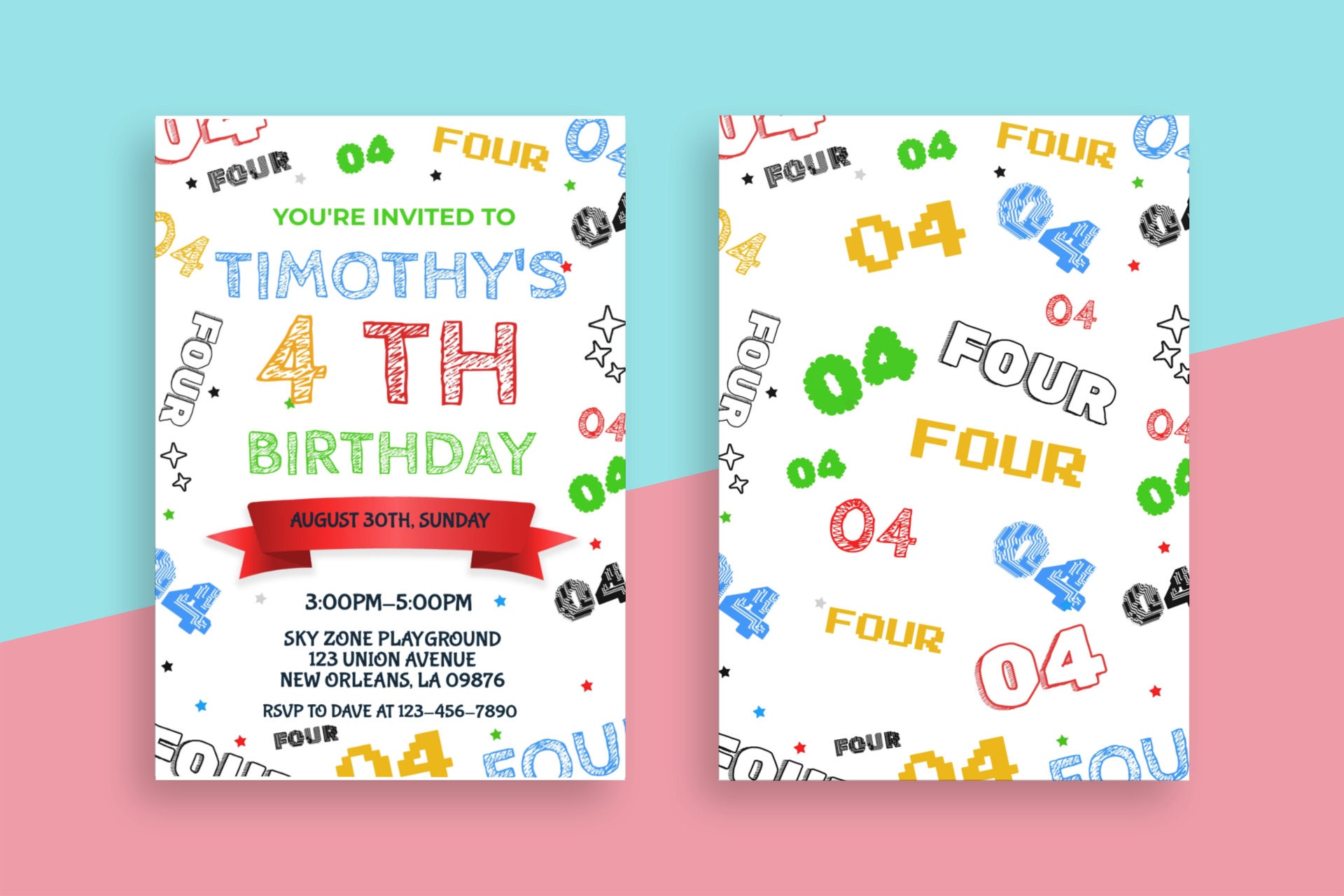 Number 4 Birthday Party Invitation Template, Editable Invitation, Kids ...