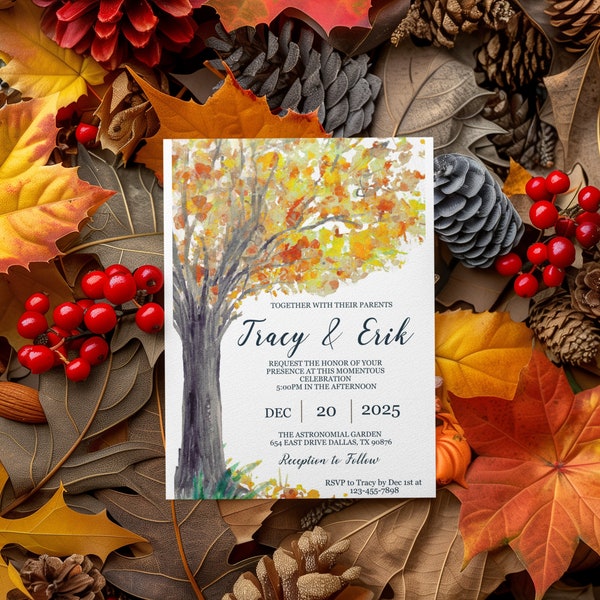 Autumnal Tree Wedding Invitation, Printable Wedding Invite, Editable ...