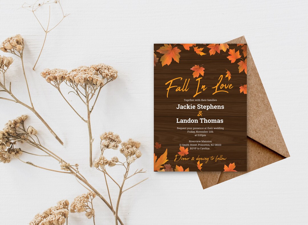 Fall in Love Wedding Invitation Template, Printable Rustic Leaves ...