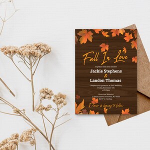 Fall in Love Wedding Invitation Template, Printable Rustic Leaves ...