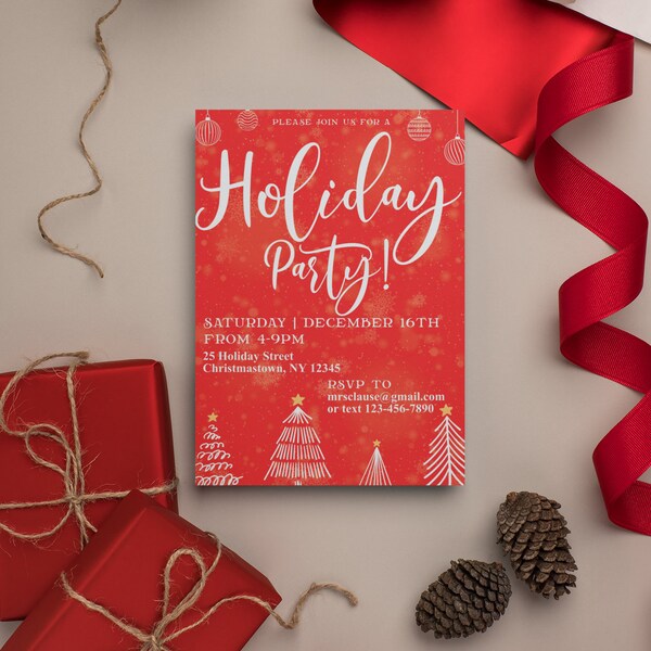 Red Holiday Party Invitation, Christmas Invitation Template, Printable ...