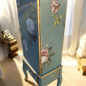 Refinished Jewelry Armoire: Serenity Blue, Rose Design, Vintage Style ...
