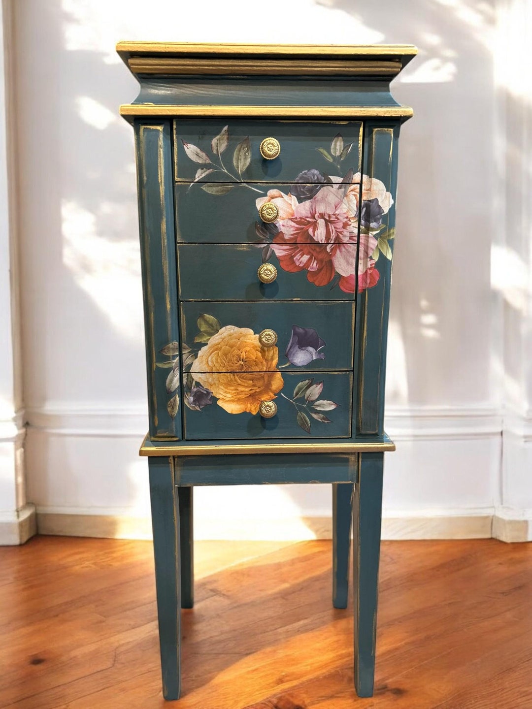 Stunning Freestanding Refinished Vintage Teal Jewelry Armoire / Cabinet ...