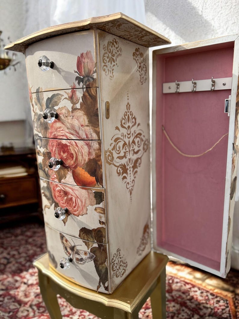 Vintage Baroque Style Refinished Jewelry Armoire With Roses - Etsy