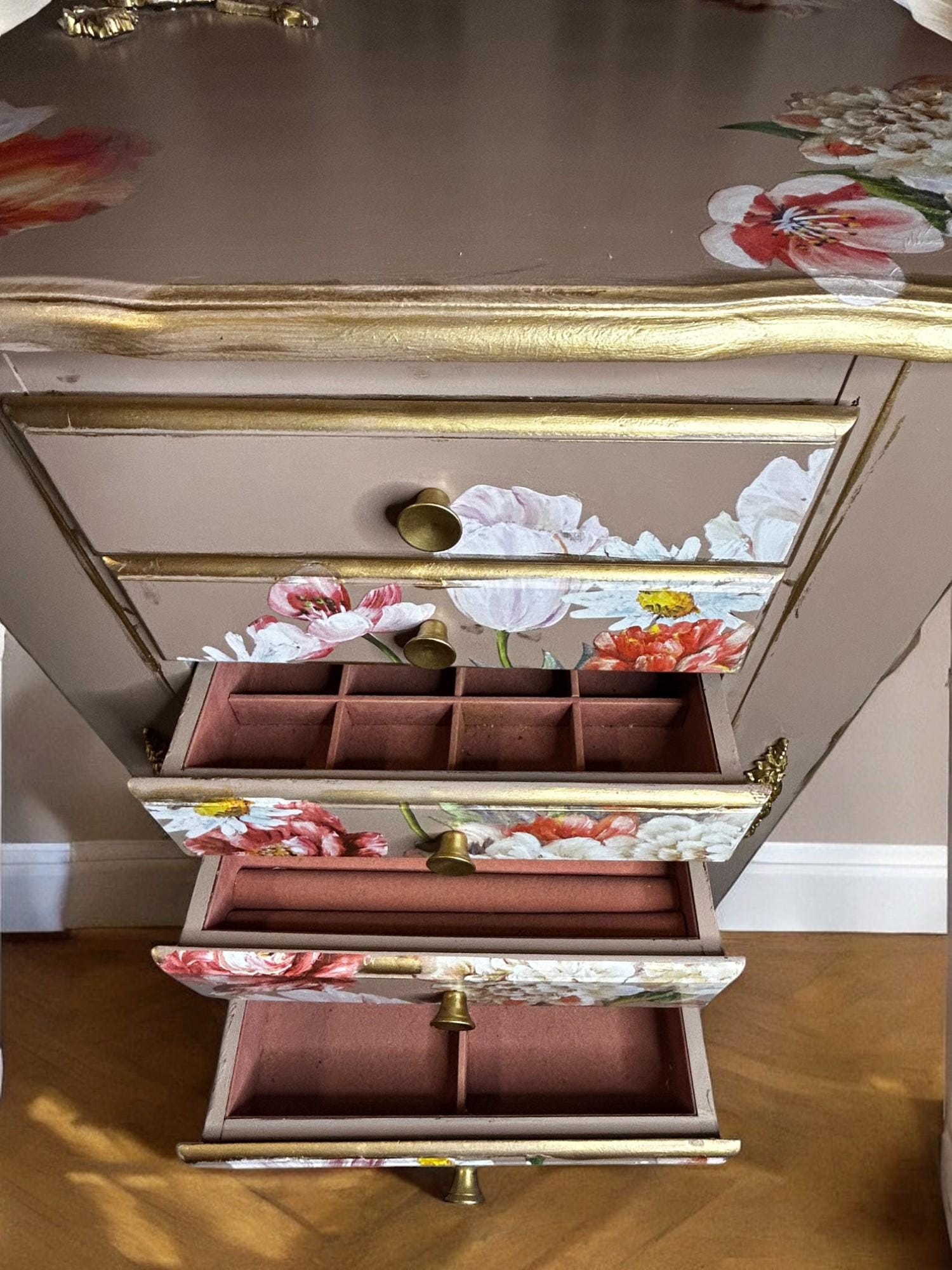Refinished Vintage Pink & Gold Floral Jewelry Armoire Cabinet - Etsy