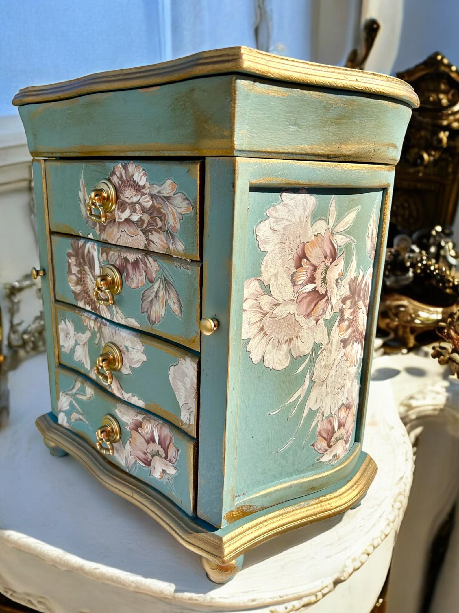 Refinished Large French Blue and Neutral Floral Tabletop Jewelry Box - Etsy