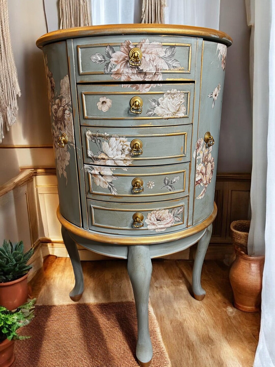 Refinished Teal Jewelry Armoire: Vintage Floral Design - Etsy