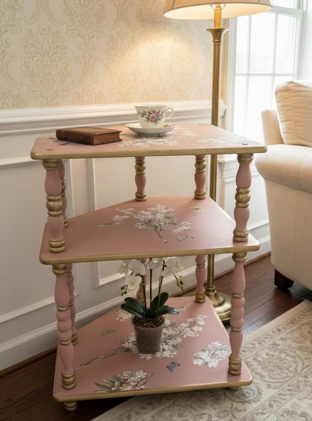 Vintage Refinished Bookcase Table: Blush Pink Floral Display Unit With ...