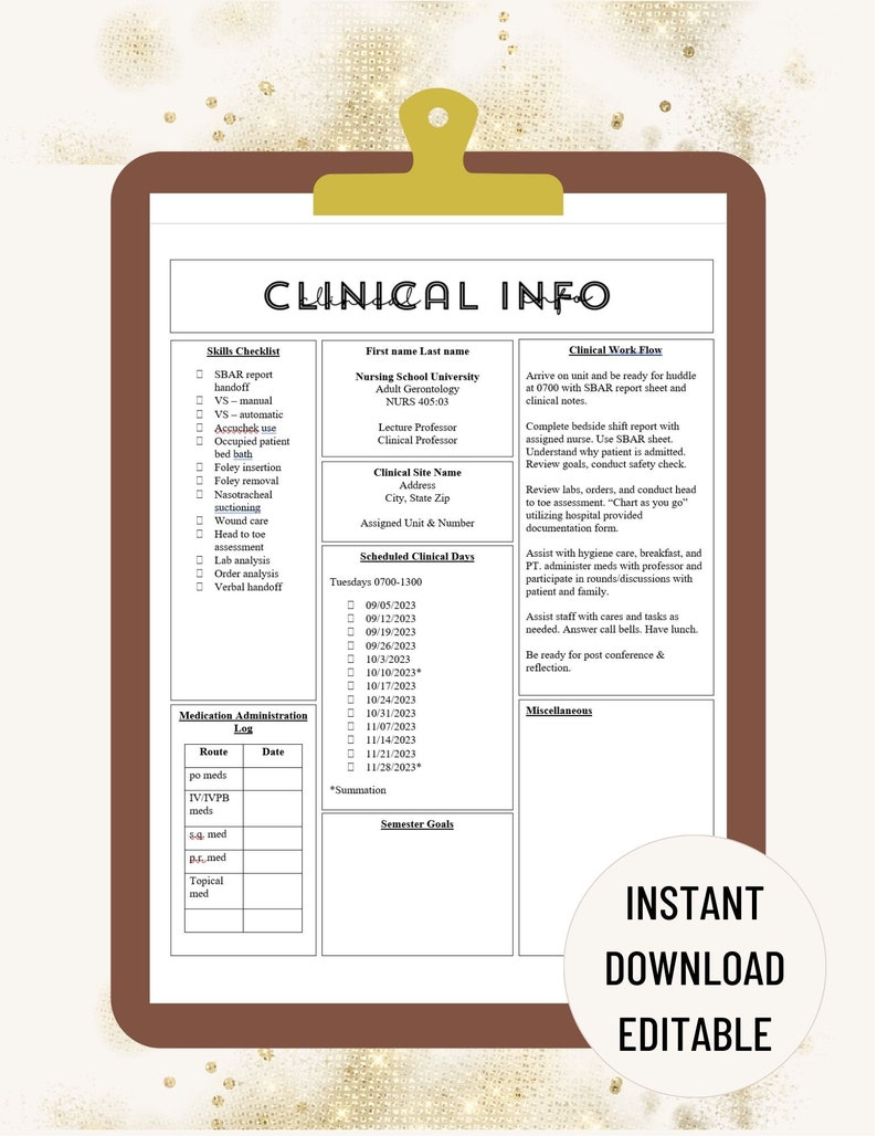 Nursing Student Clinical Info Sheet | EDITABLE Clinical Sheet | New ...